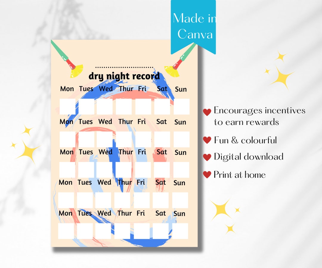 A4 Girls Dry Night Chart, Dry Night Tracker Girls, Arts and Paint ...
