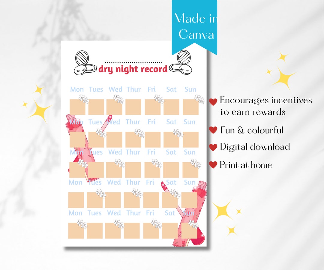 A4 Girls Dry Night Chart, Dry Night Tracker for Girls, Makeup Reward ...
