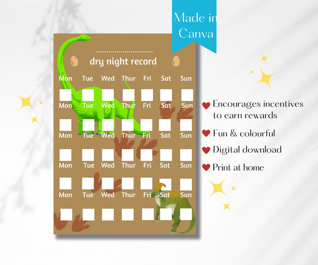 Boys Dinosaur Dry Night Chart, Reward Chart for Toddlers, Reward Chart ...