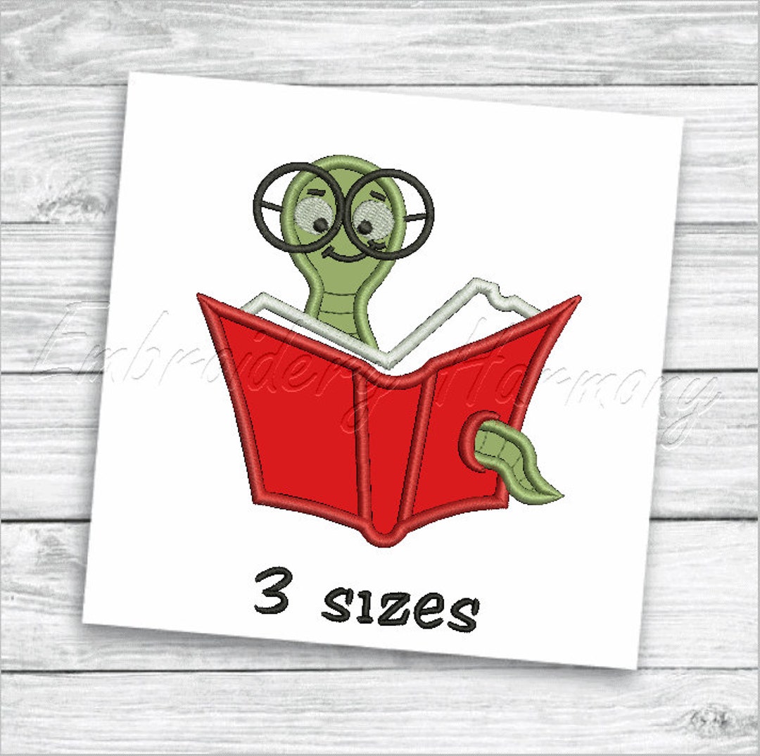Bookworm Embroidery Applique Design - 3 SIZES Machine Embroidery File ...