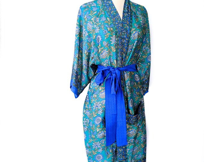 NEW Blue Floral Kimono, Floral Dressing Robe, Silky Robe, Blue Robe ...