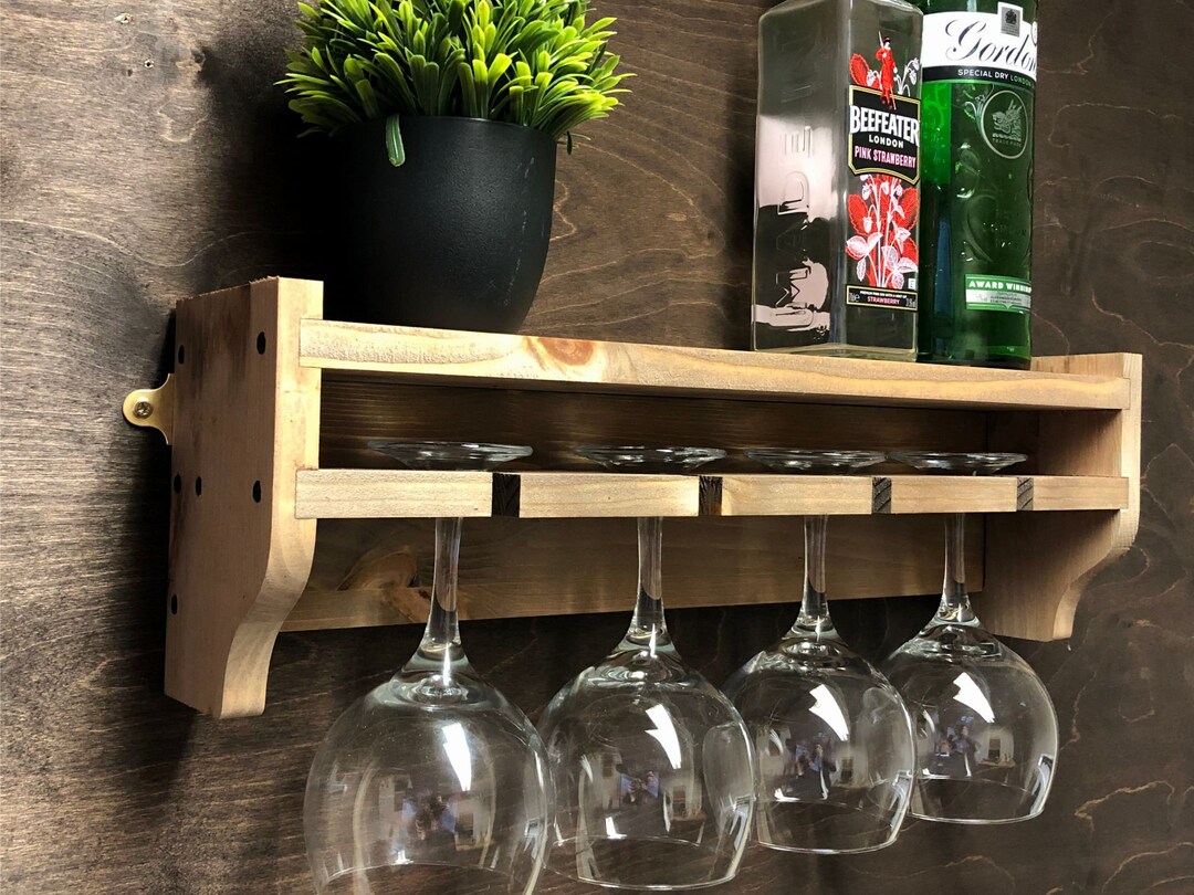 Rustic Wooden Gin Shelf to Hold 4 Glasses/bottles Wall Mounted Display ...