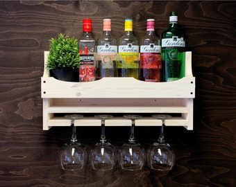 Grey Rustic Wooden Gin Shelf to Hold 4 Glasses/bottles Wall Mounted ...
