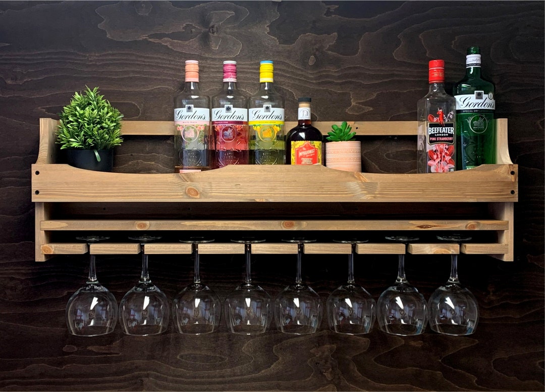 Large Light Oak Rustic Wooden Gin Rack to Hold 8 Balloon Glasses & 10 ...