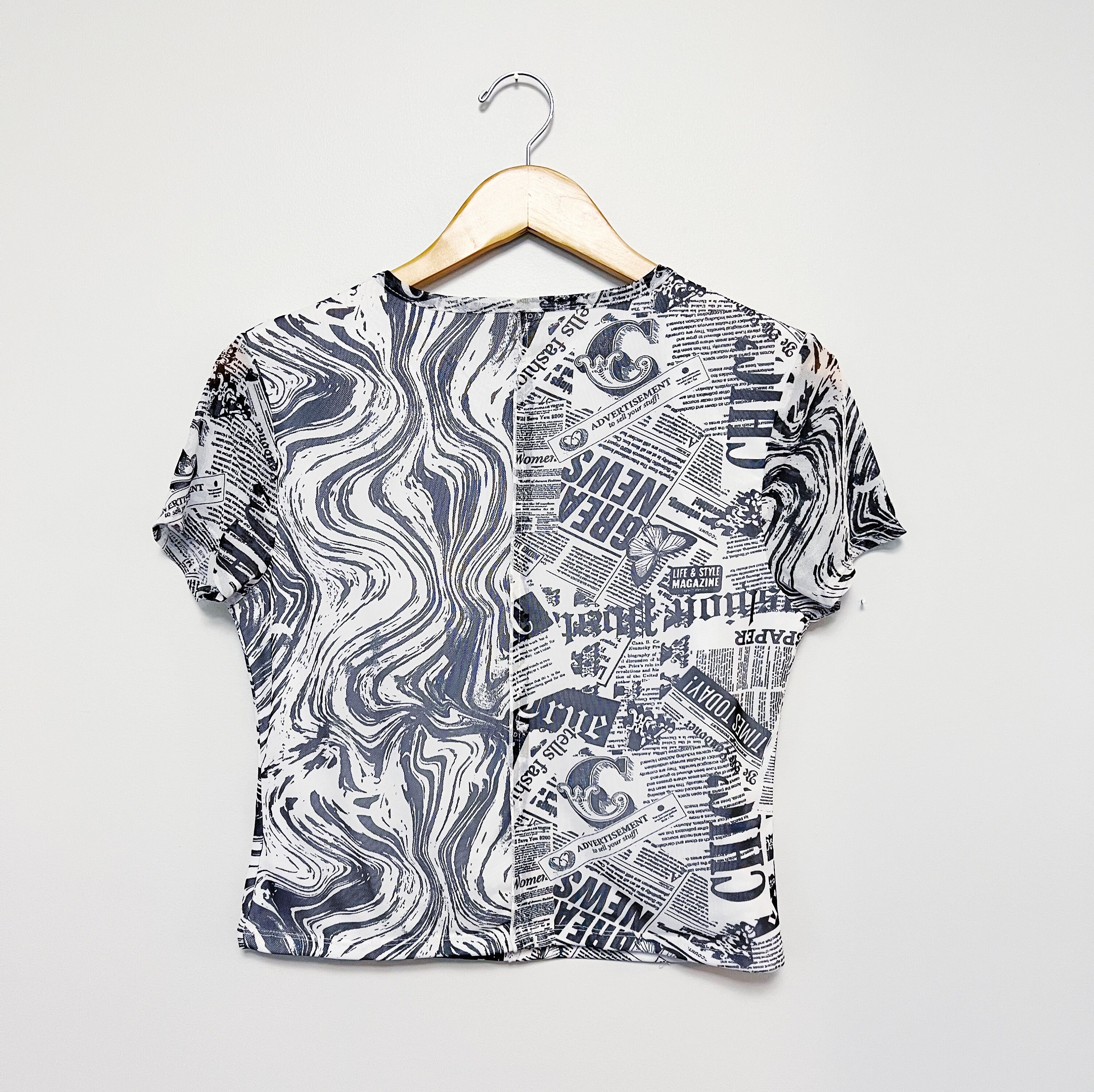 Y2K Black and White Mesh Newspaper Print Top Small - Etsy
