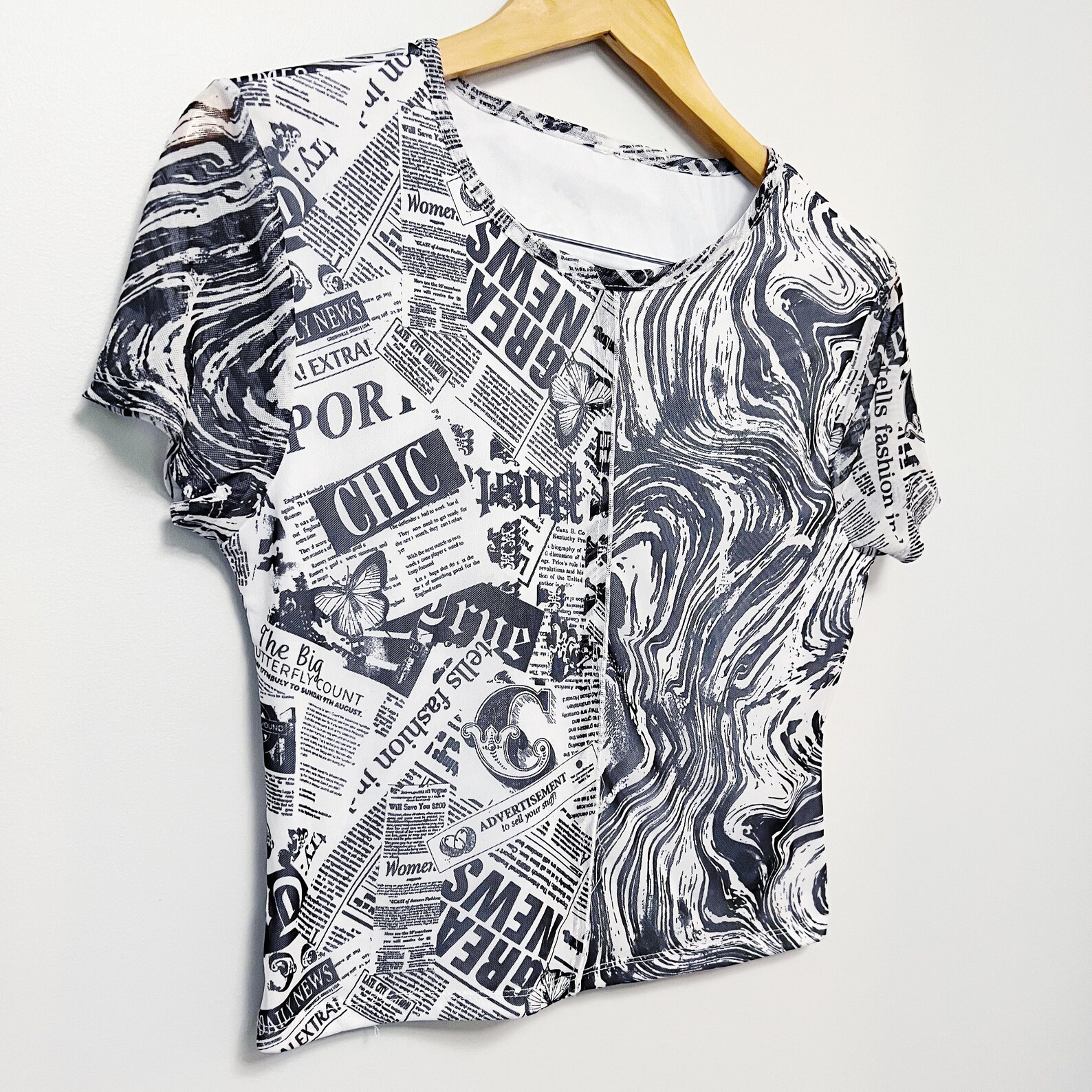 Y2K Black and White Mesh Newspaper Print Top Small - Etsy