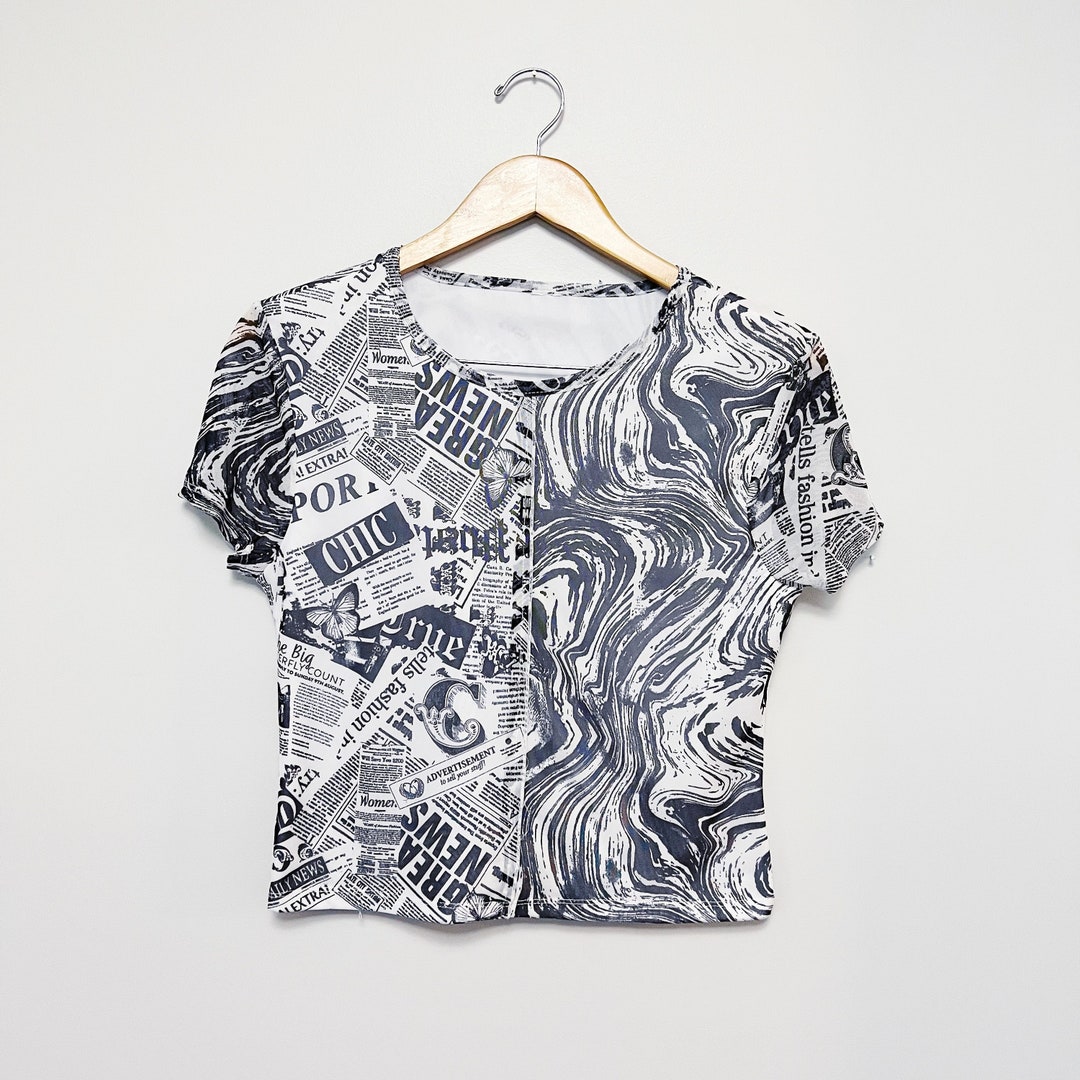 Y2K Black and White Mesh Newspaper Print Top Small - Etsy