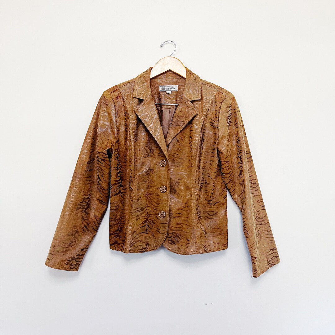 90s Tan Brown Shiny Tiger Print Jacket Medium - Etsy