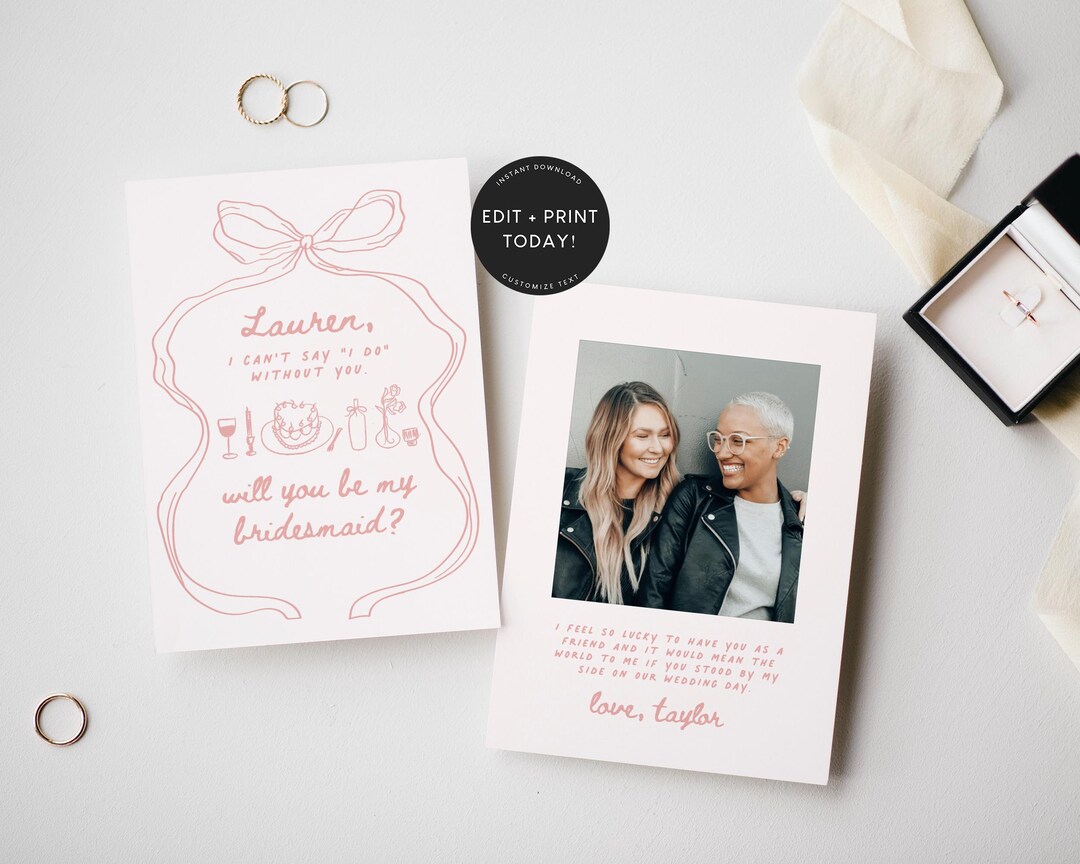 INSTANT Bow Bridesmaid Proposal Card Template, Pink, Hand Drawn ...
