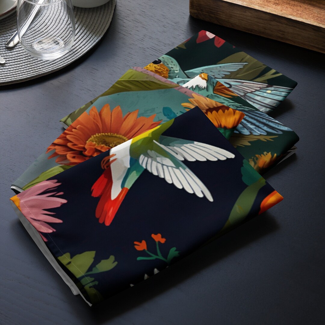 Hummingbirds Cloth Napkins and Flowers - Set of 4- Elegant Dining Decor ...
