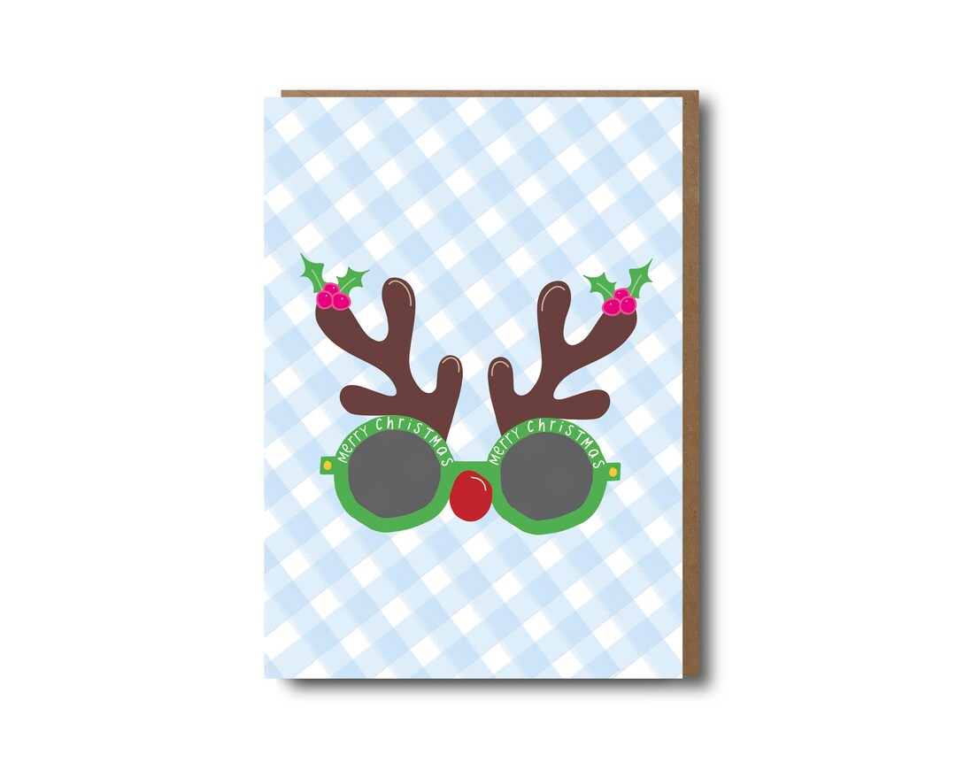 Reindeer Sunglasses Christmas Card Fun Christmas Card Gingham Card ...