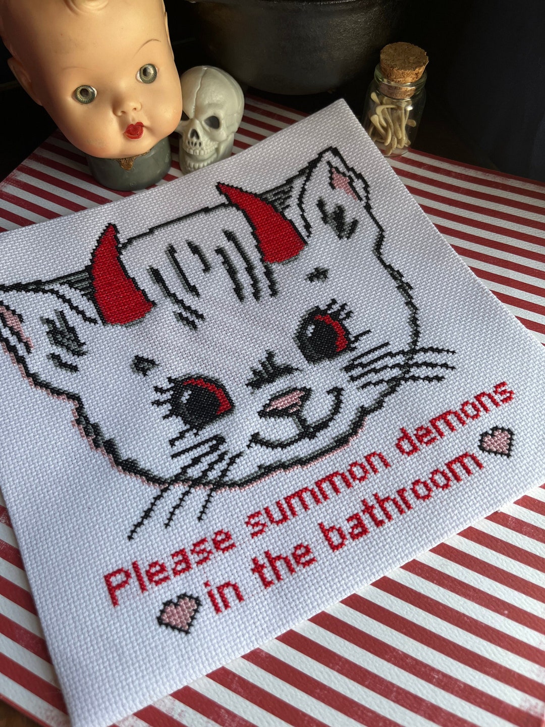 Demon Kitty Cross Stitch Pattern, Devil, Cat, Gothic Decor, Halloween ...
