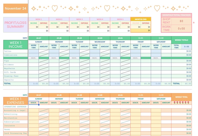 Cute Tattoo Artist Bookkeeping Google Sheet Template - Etsy