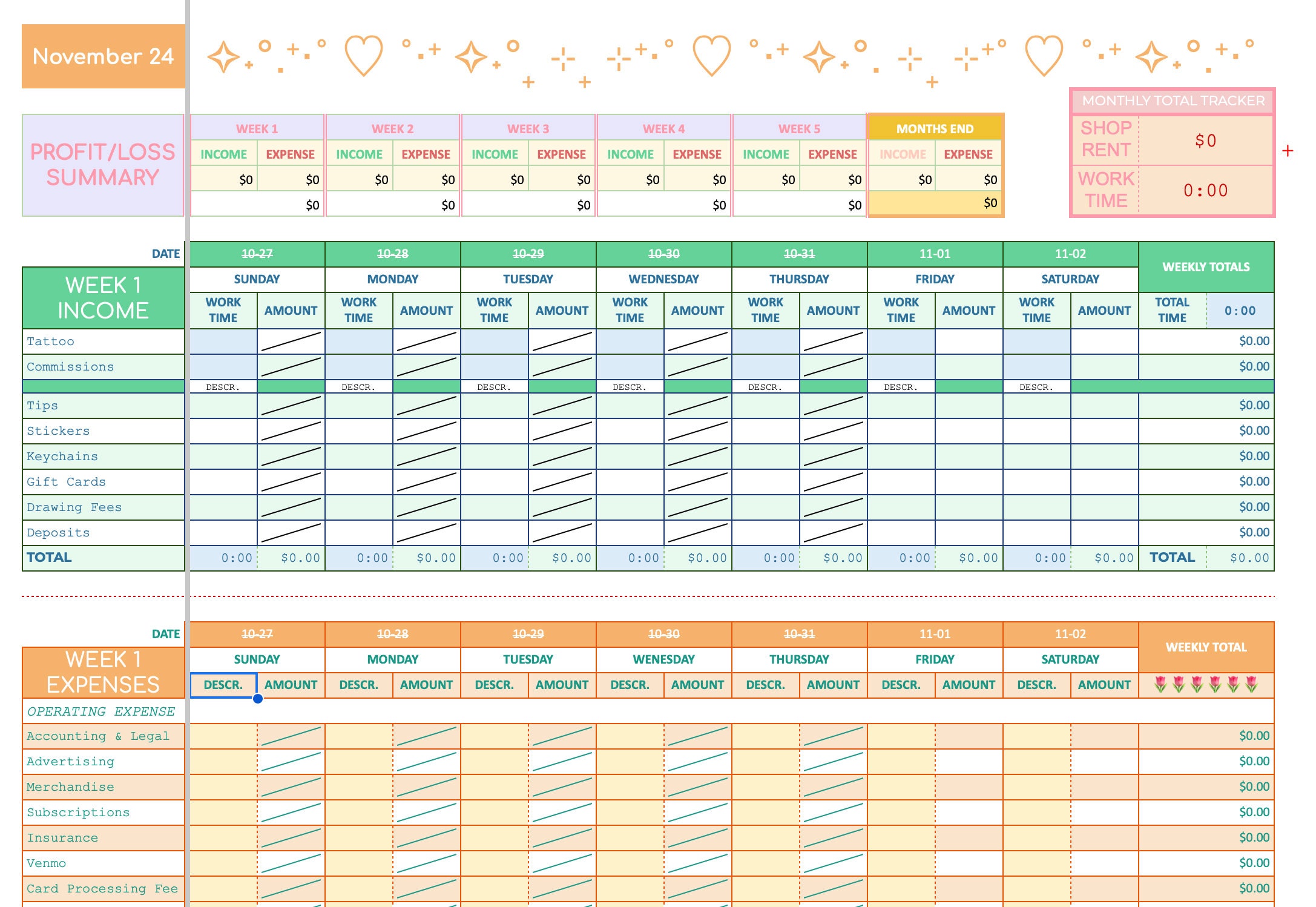 Cute Tattoo Artist Bookkeeping Google Sheet Template - Etsy