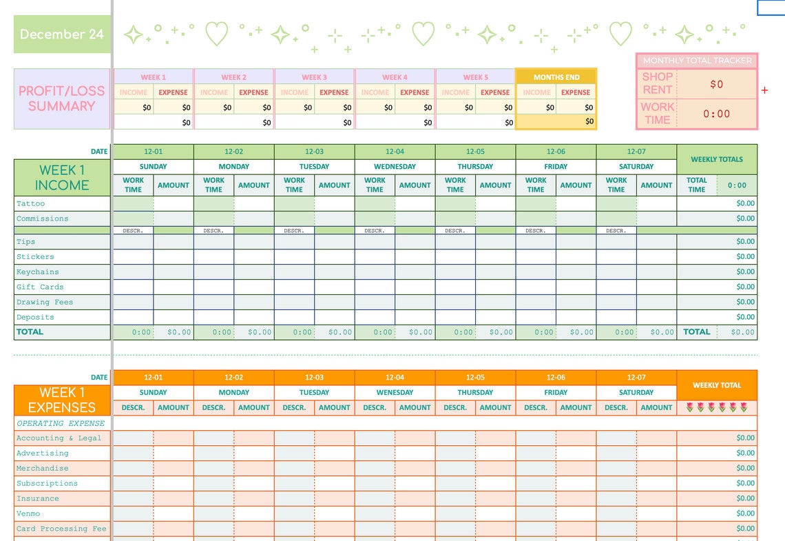 Cute Tattoo Artist Bookkeeping Google Sheet Template - Etsy