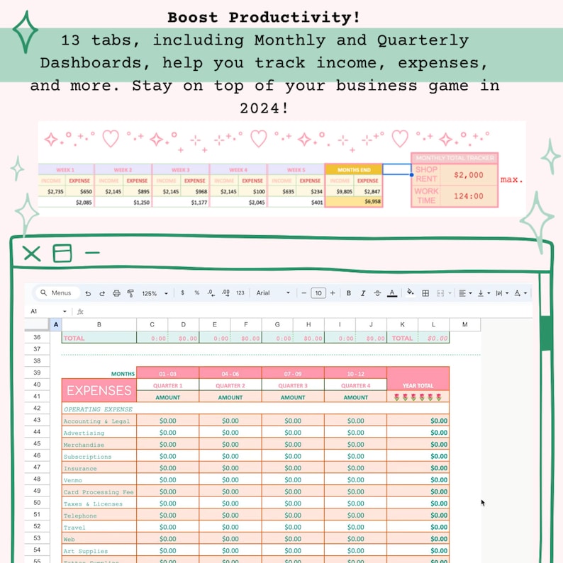 Tattoo Artist Bookkeeping Template | Cute Kawaii Google Sheet (digital ...