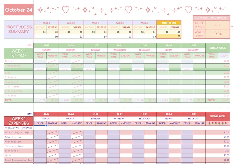 Cute Tattoo Artist Bookkeeping Google Sheet Template - Etsy