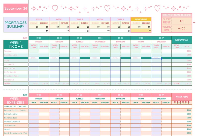 Tattoo Artist Bookkeeping Template | Cute Kawaii Google Sheet (digital ...