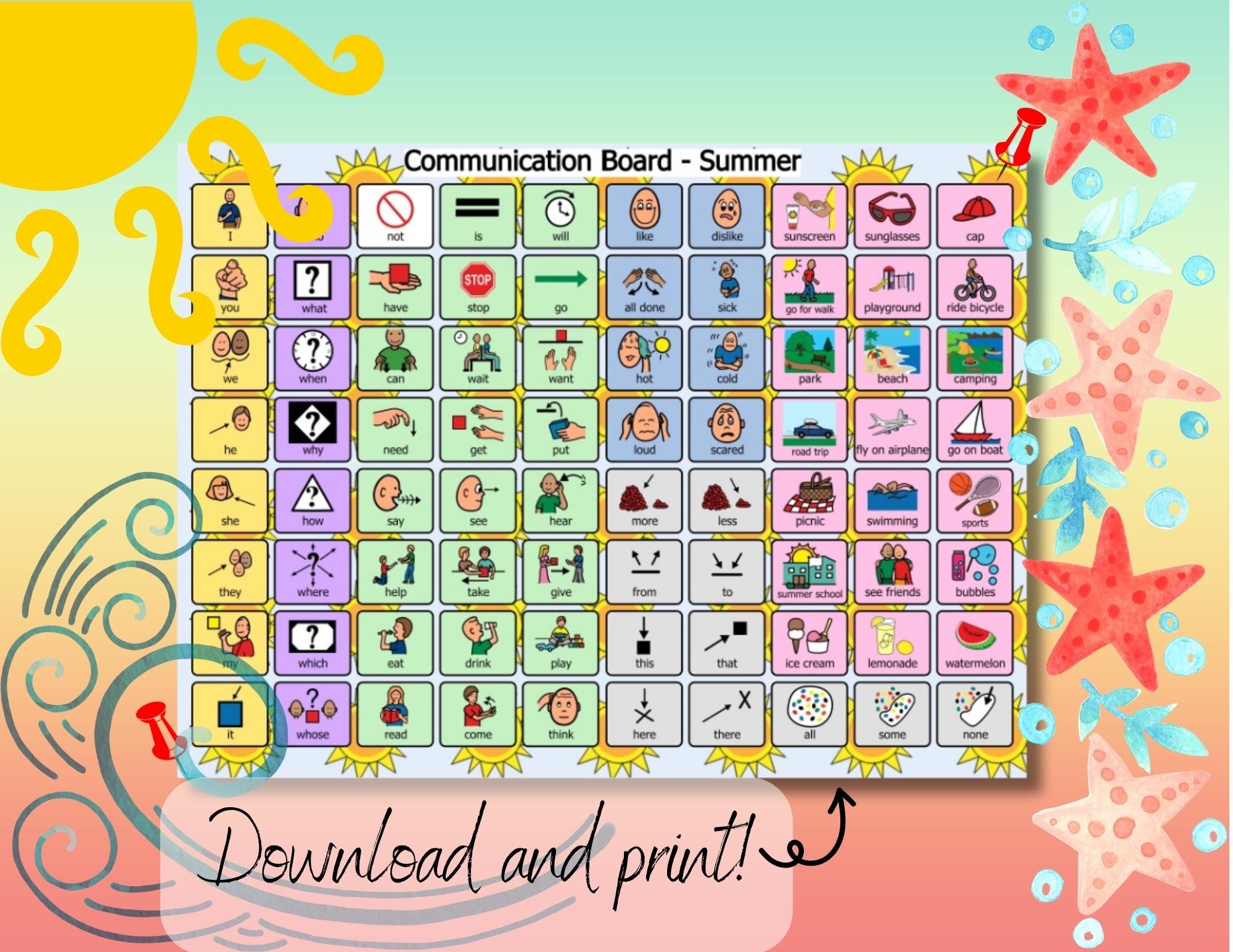 Autism Communication Board: Summer Theme Visual Aid (PDF Printable ...