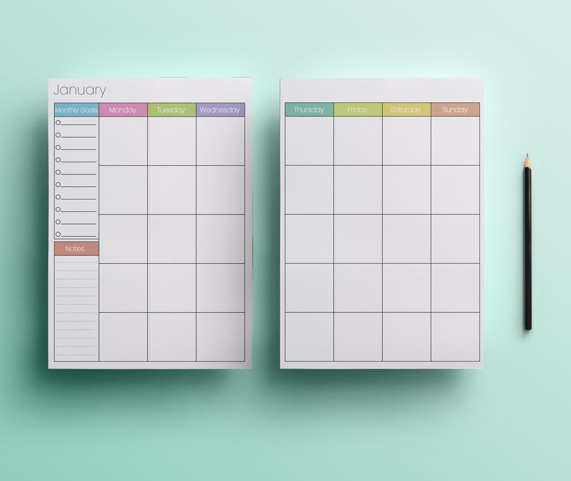 Printable Monthly Planner, Printable Planner Insert, Month on 2 Pages ...