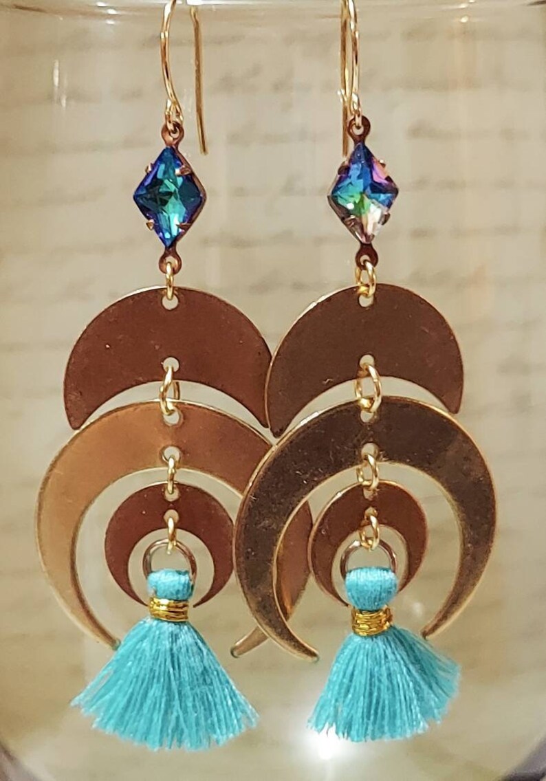 Teal crescent moon tassel earrings celestial earrings boho | Etsy