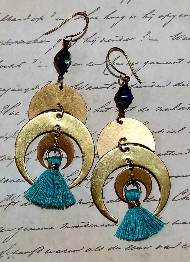 Teal crescent moon tassel earrings celestial earrings boho | Etsy