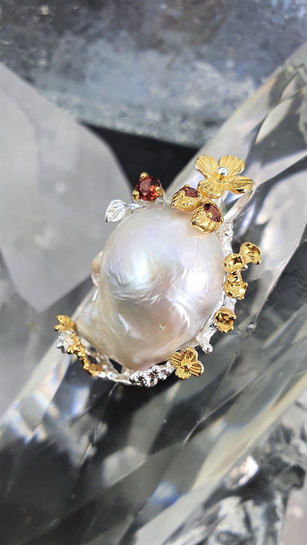 Baroque Pearl & Ruby Pendant 2-tone 14K Yellow Gold Plate 925 Sterling ...
