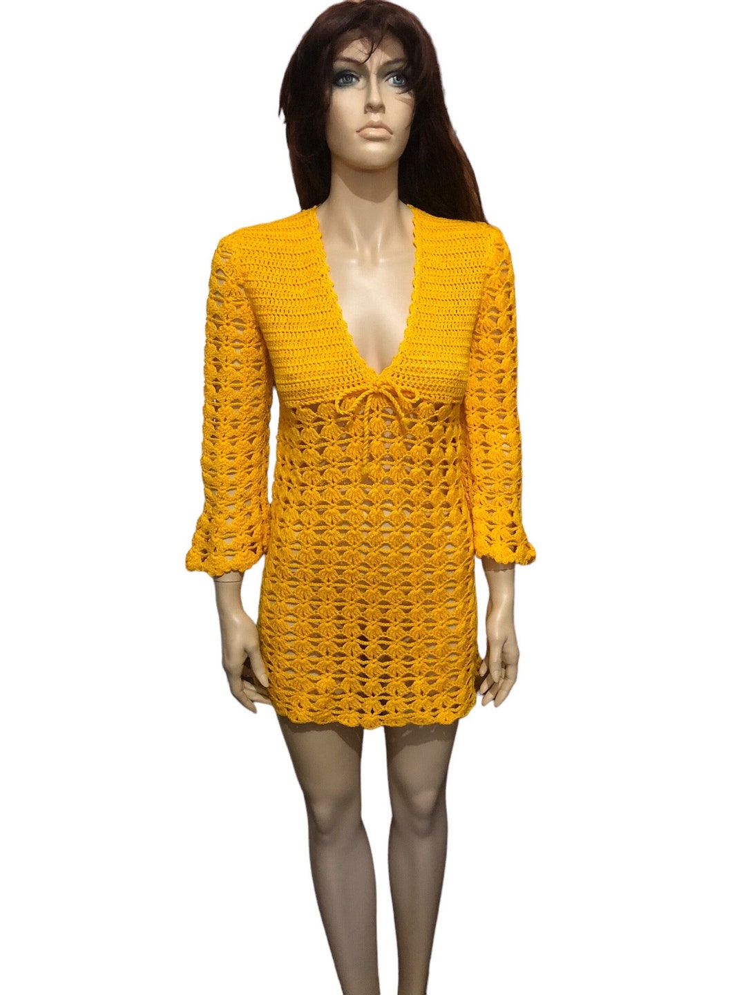 Vintage Crochet Mini Dress Crochet Dress Yellow Crochet Dress Etsy