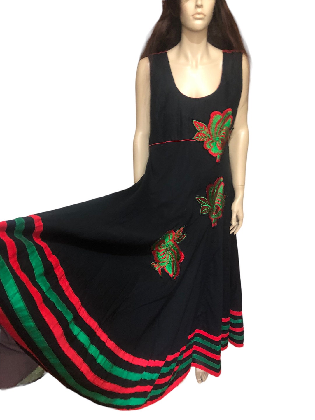 Black Appliqué Dress, Black Roses Dress, Black Festival Dress, Vintage ...