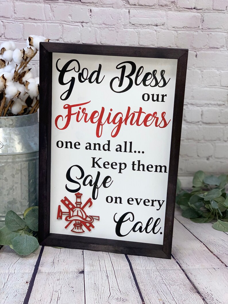 God Bless Our Firefighters Farmhouse Sign | Thin Red Line Decor ...