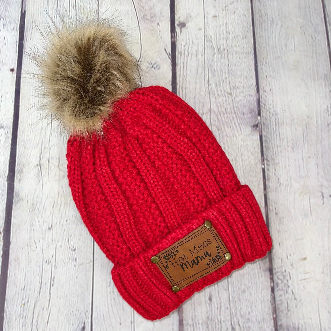 Red Personalized Leather Patch Stocking Hat I Leather Patch - Etsy