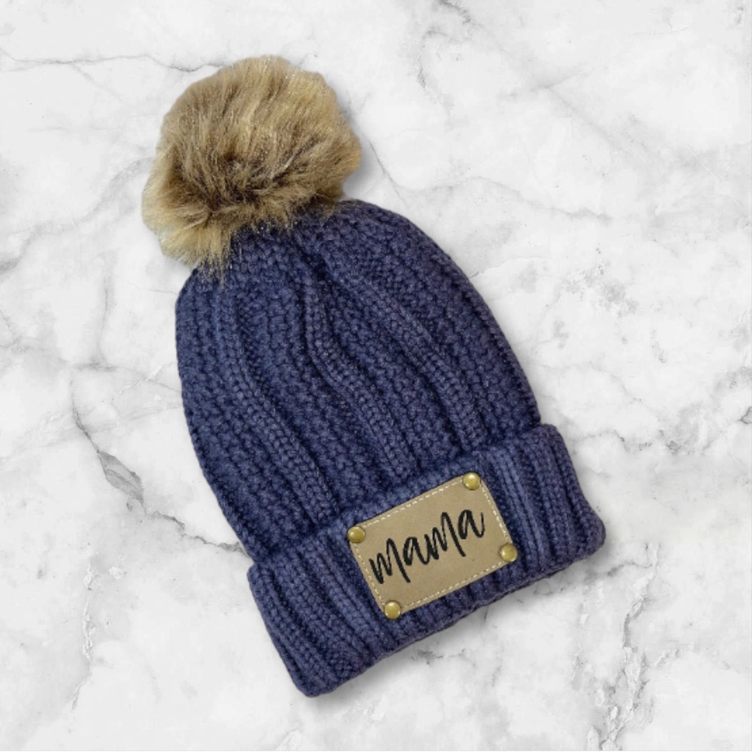 Dark Gray Personalized Leather Patch Stocking Hat I Leather Patch Beanie I Leather Patch Ladies ...