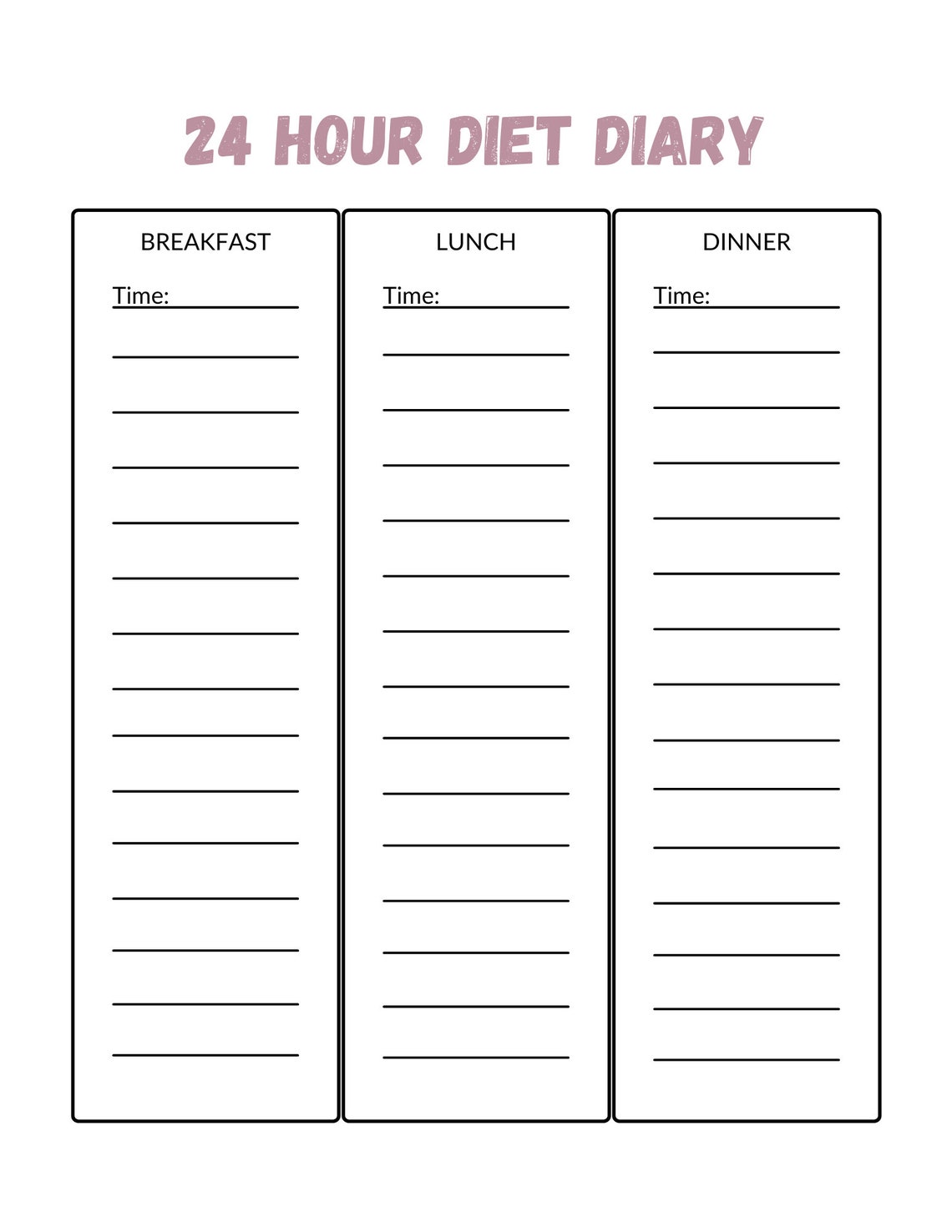 PRINTABLE 24 Hour Diet Diary Track Your Daily Food Intake - Etsy