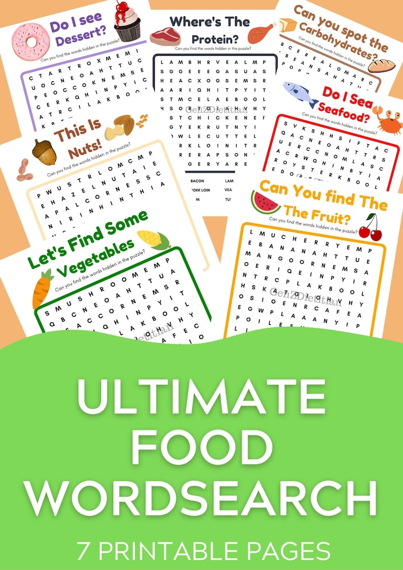 Ultimate Food Word Search Bundle, 7 Printable Pages for Kids, Food Word ...