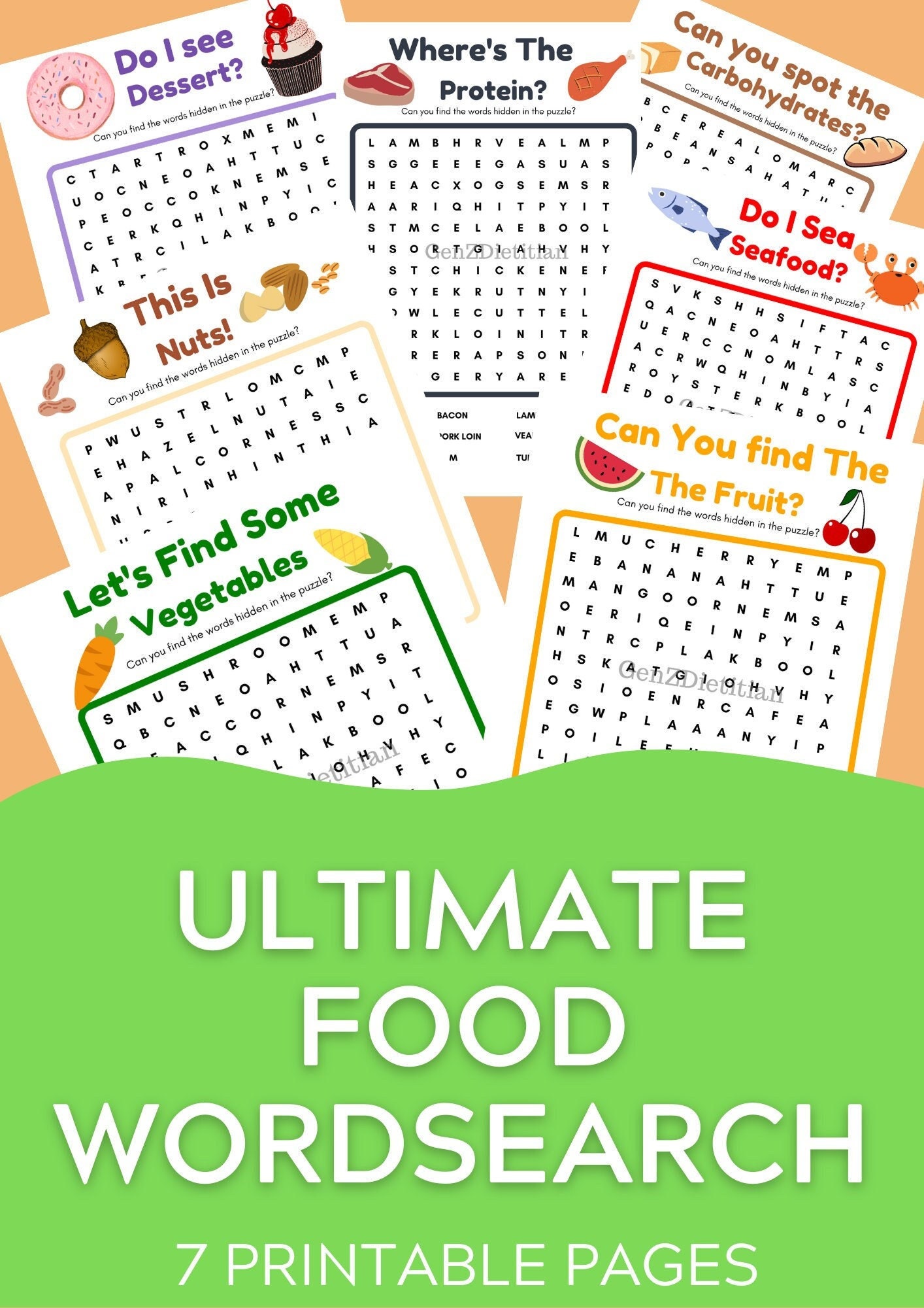 Ultimate Food Word Search Bundle, 7 Printable Pages for Kids, Food Word ...