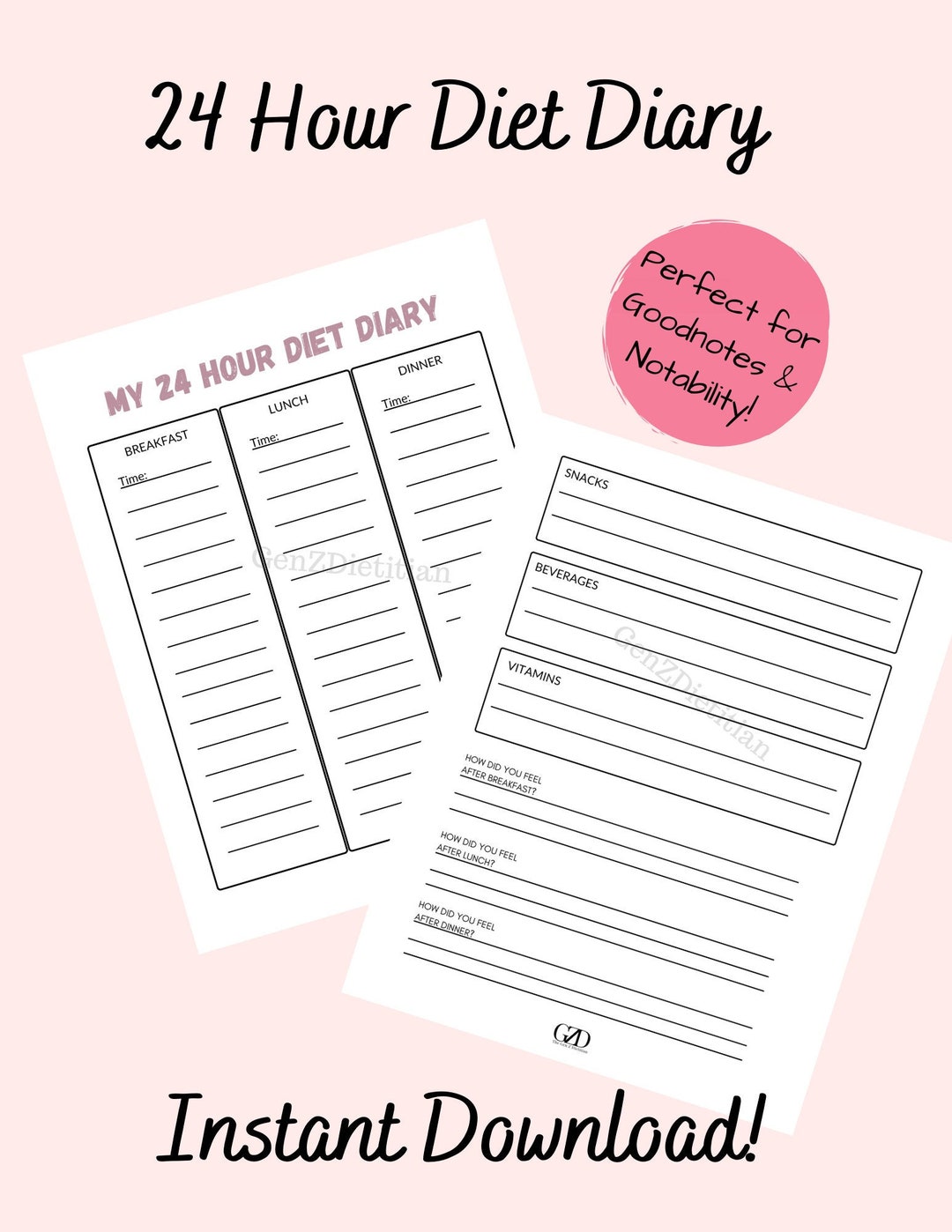 Printable 24 Hour Diet Diary and Fitness Planner Track Your Daily Food ...