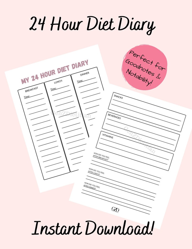 Printable 24 Hour Diet Diary and Fitness Planner Track Your Daily Food ...