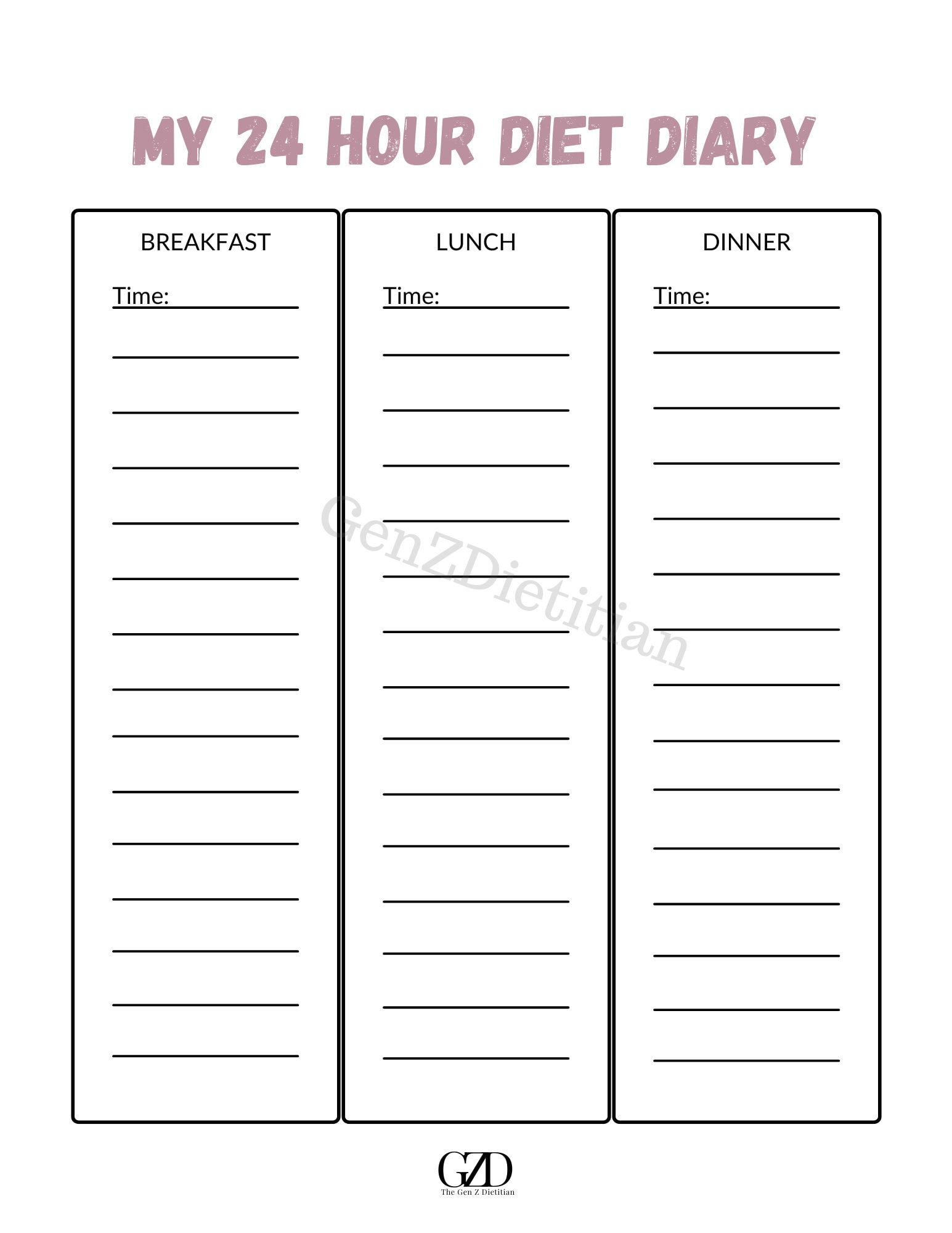 Printable 24 Hour Diet Diary and Fitness Planner Track Your Daily Food ...