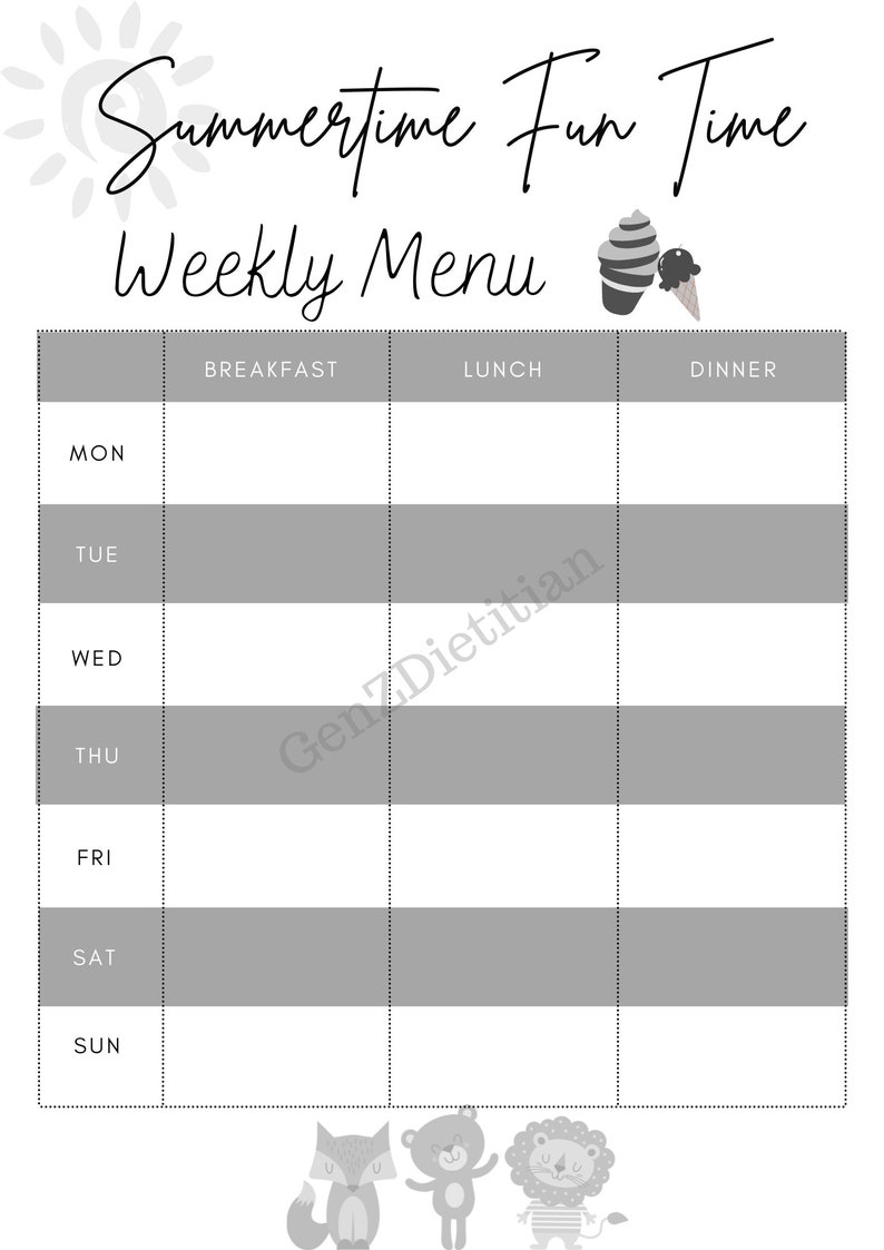 Printable Weekly Meal Planner and Grocery List Summertime Fun 7 Day ...