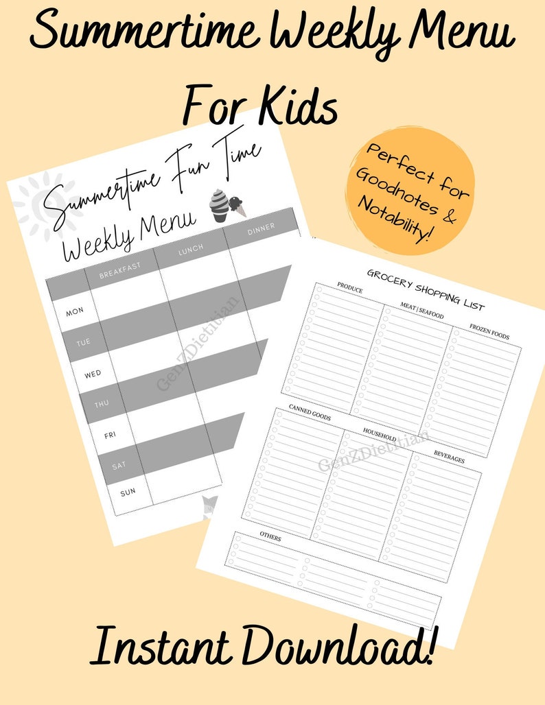 Printable Weekly Meal Planner and Grocery List Summertime Fun 7 Day ...