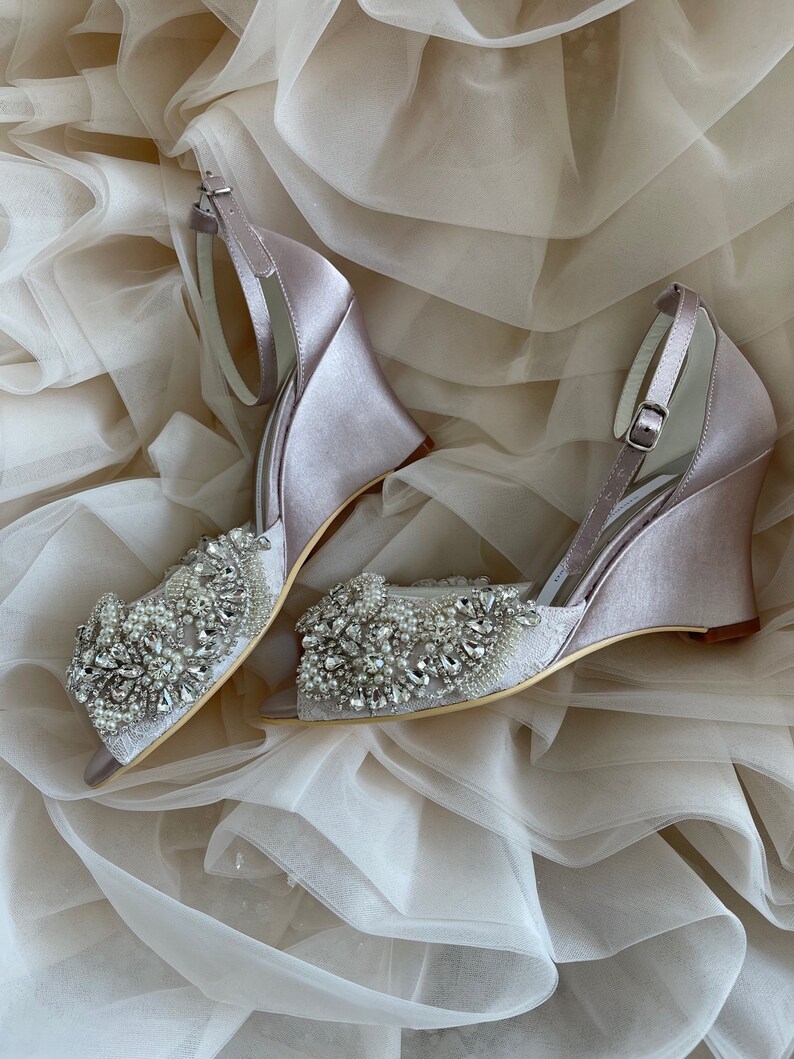 Wedge Heel Wedding Sandals in Satin With Lace, Silver Color Crystals ...