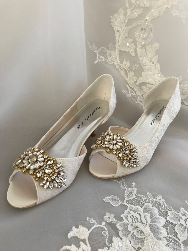 Bridal Shoes in Ivory Lace With Low Heel, Crystals and Rhinestones ...