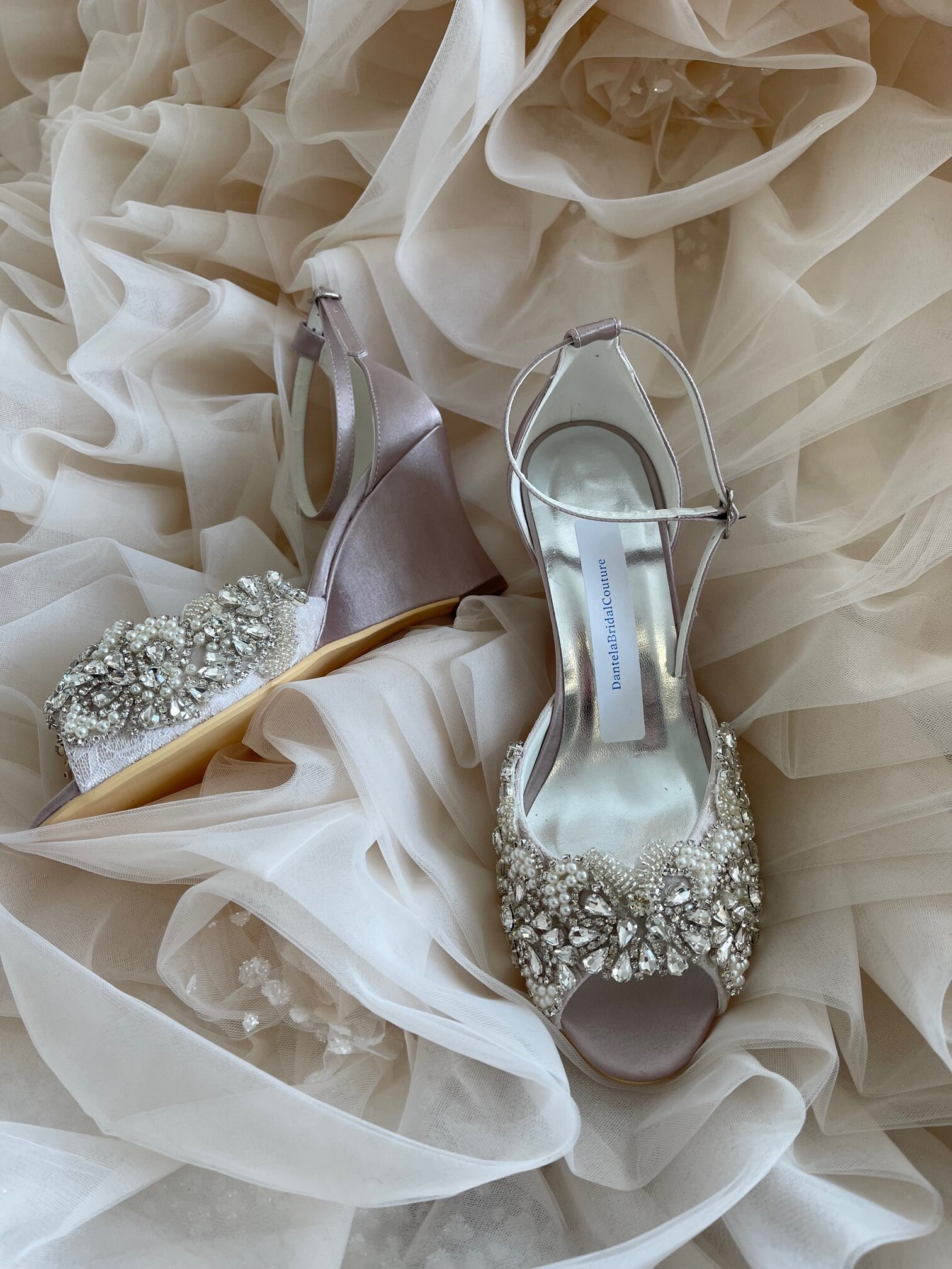 Wedge Heel Wedding Sandals in Satin With Lace, Silver Color Crystals ...