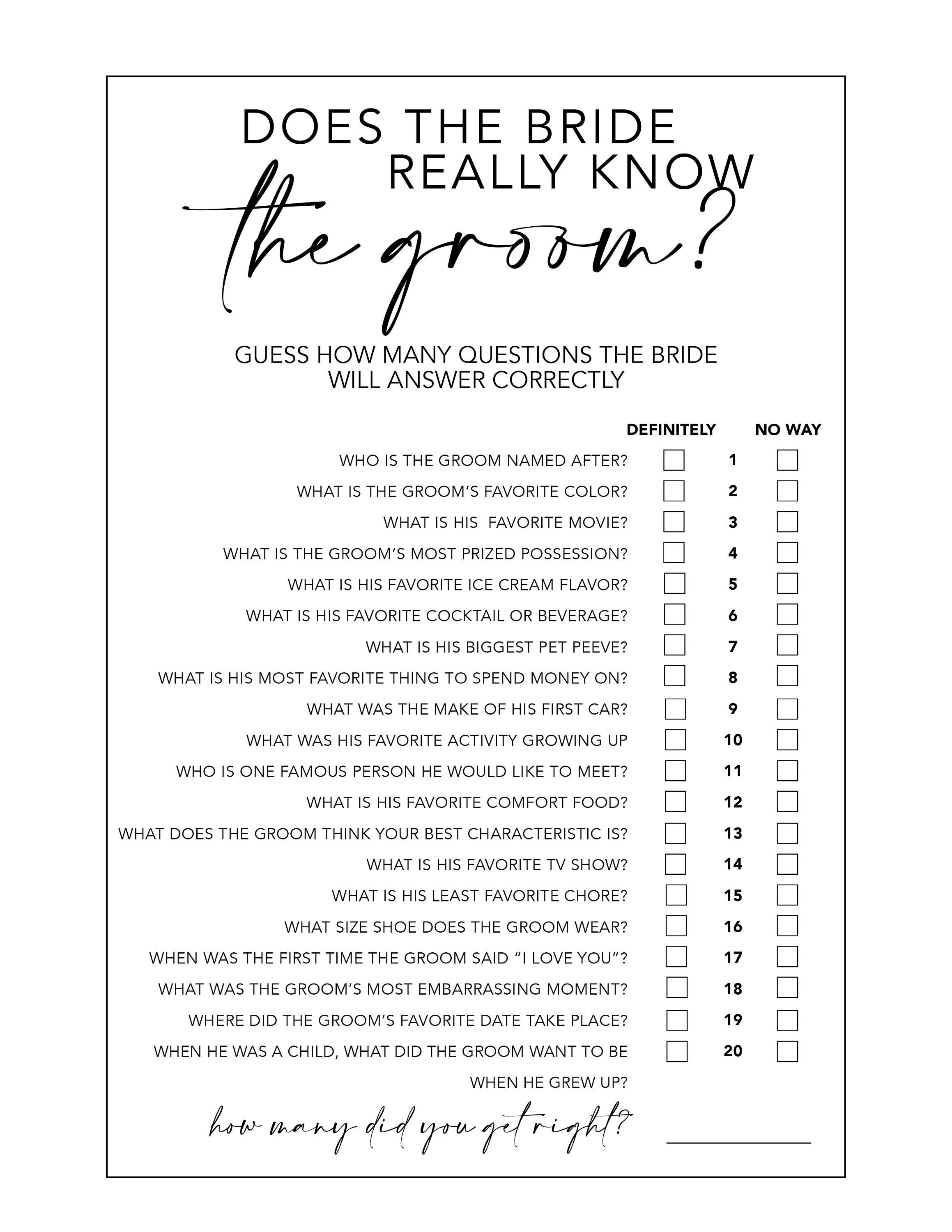 Does The Bride Really Know The Groom Bridal Shower Game Printable Etsy