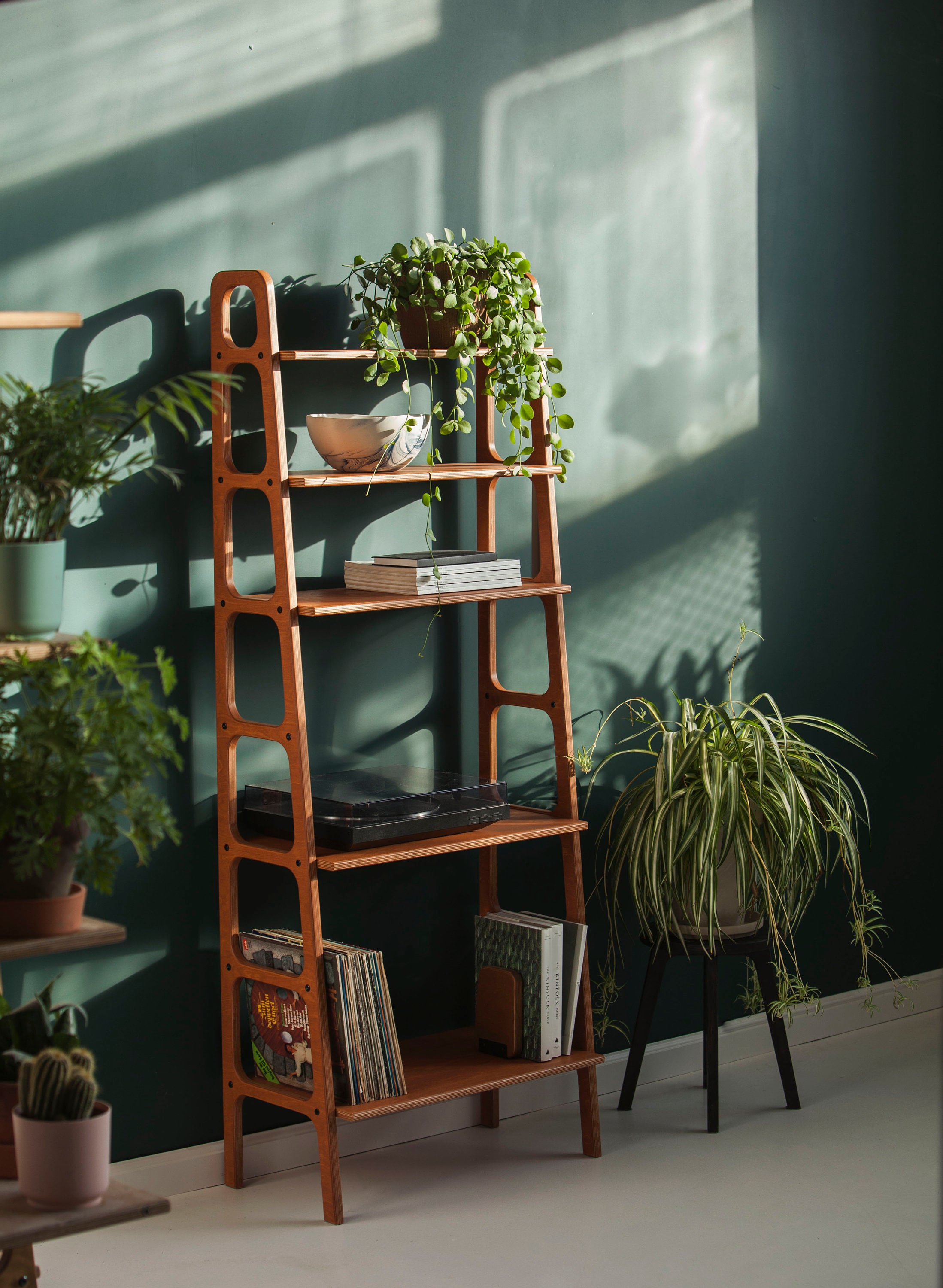 Mid Century Bookcase, 5-tier Walnut Ladder Bookshelf, Wooden Bookshelf ...