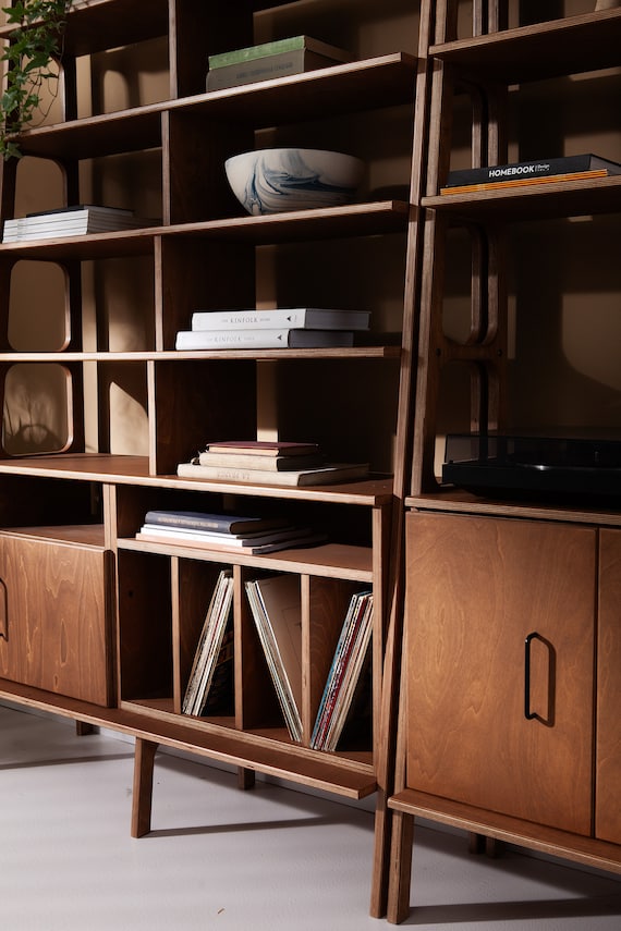 Modular Wall Shelving Ladder Bookshelf Custom Furniture Mid Century Wall Unit Walnut Bookcase Vinyl Record Storage Turntable Stand Etsy UK