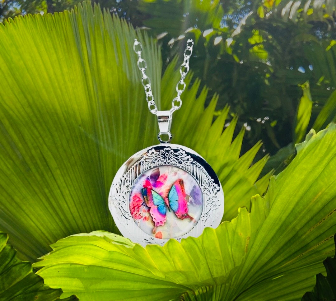 Butterfly Locket Necklace: Pink Butterfly - Etsy