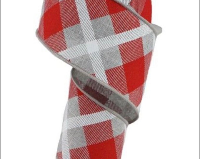 2.5 Inch Diagonal Red, Grey and White Wired Ribbon by the Roll/ 10 ...