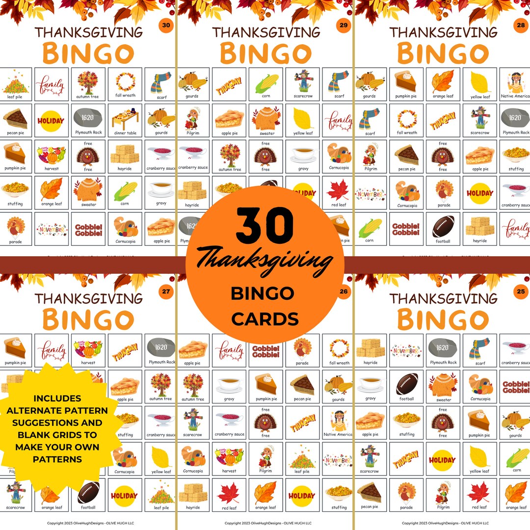 Thanksgiving Bingo • 30 Picture Bingo Cards • Fun Party Activity for ...