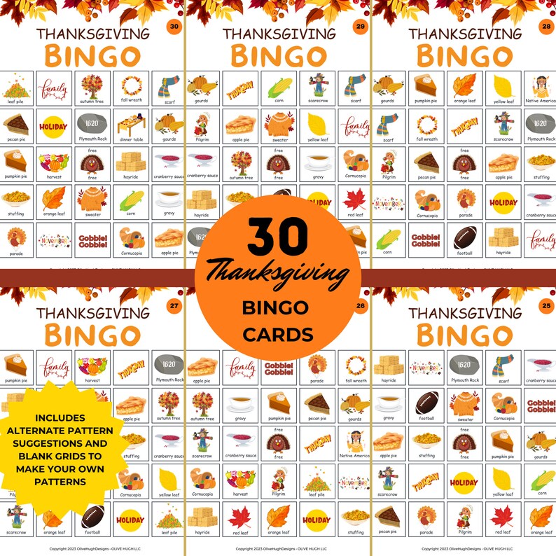 Thanksgiving Bingo • 30 Picture Bingo Cards • Fun Party Activity for ...